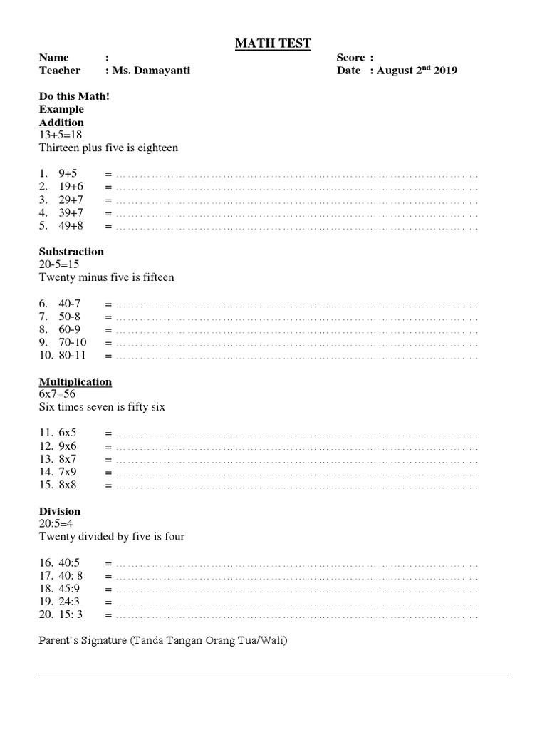 A Student's Math Test with Addition, Subtraction, Multiplication, and ...