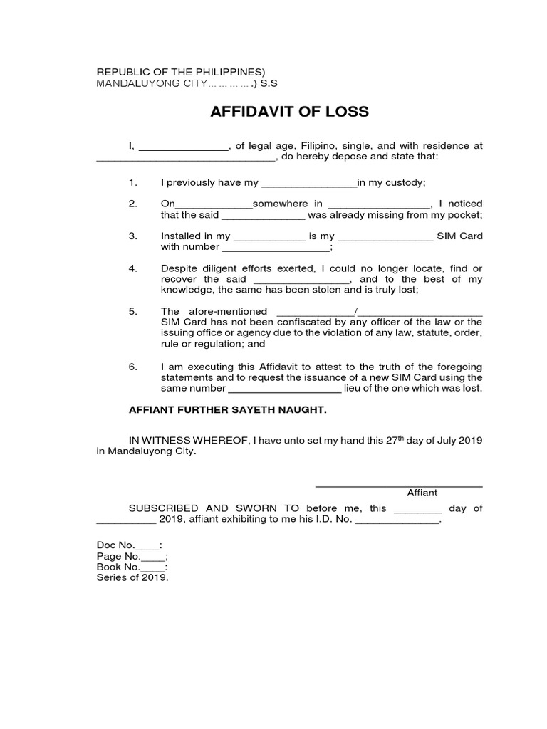 Affidavit of Loss Template - Sim Card ReplacementV2 | PDF