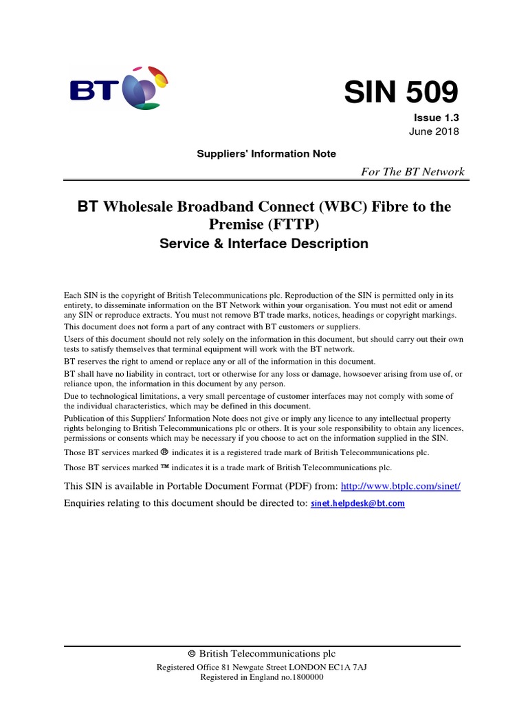 BT Wholesale Broadband Connect (WBC) Fibre To The Premise (FTTP) | PDF ...