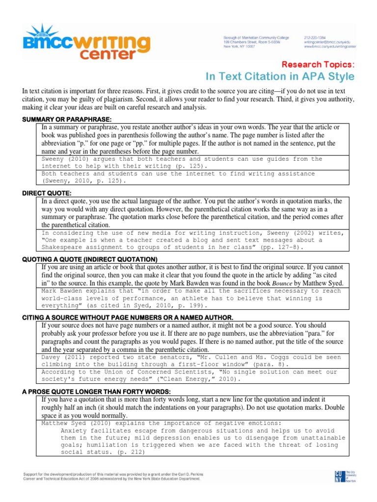APA in Text Citation PDF | PDF | Citation | Bracket