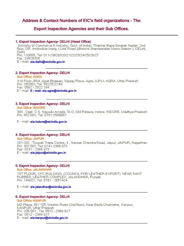 Address & Contact Numbers of EIC's Field Organizations - The Export ...