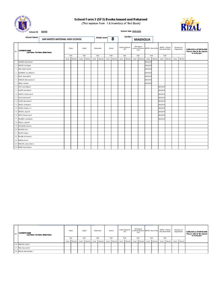 School Form 3 (SF3) Books Issued and Returned: Magnolia | PDF | Science