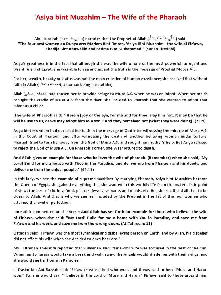 Asiya Bint Muzahim The Wife of The Pharaoh PDF | PDF | Moses In Islam ...