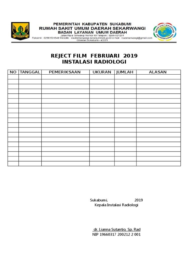 Reject Film Februari 2019 Instalasi Radiologi: No Tanggal Pemeriksaan ...