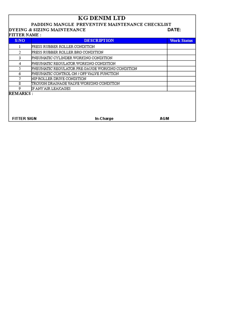 Padding Mangle Maintenance Checklist | PDF