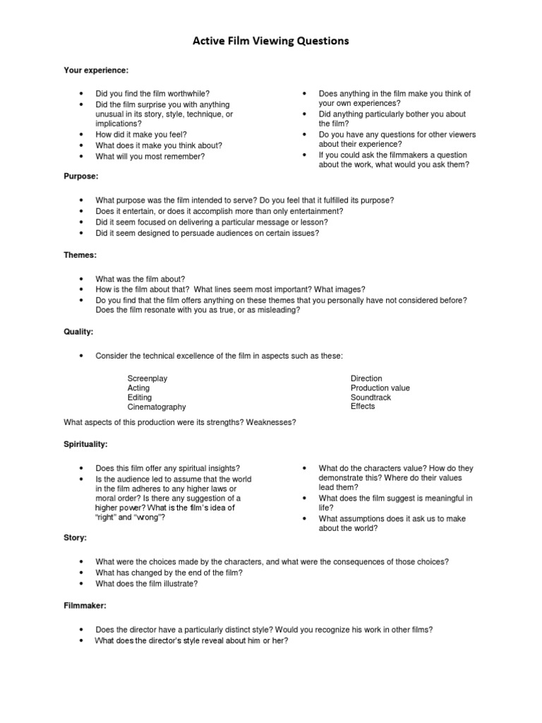 Active Film Viewing Questions | PDF | Filmmaking | Spirituality