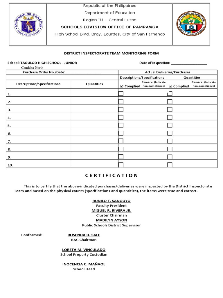 District Inspectorate Team Monitoring Form: Certification | PDF