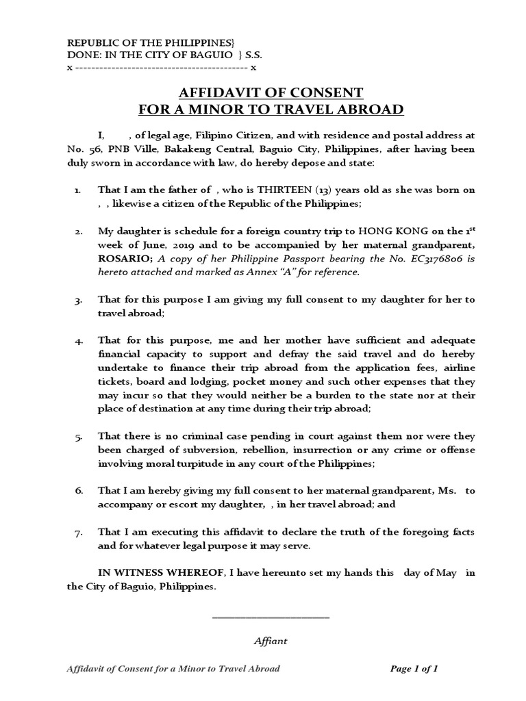 Affidavit of Consent For A Minor To Travel Abroad | PDF