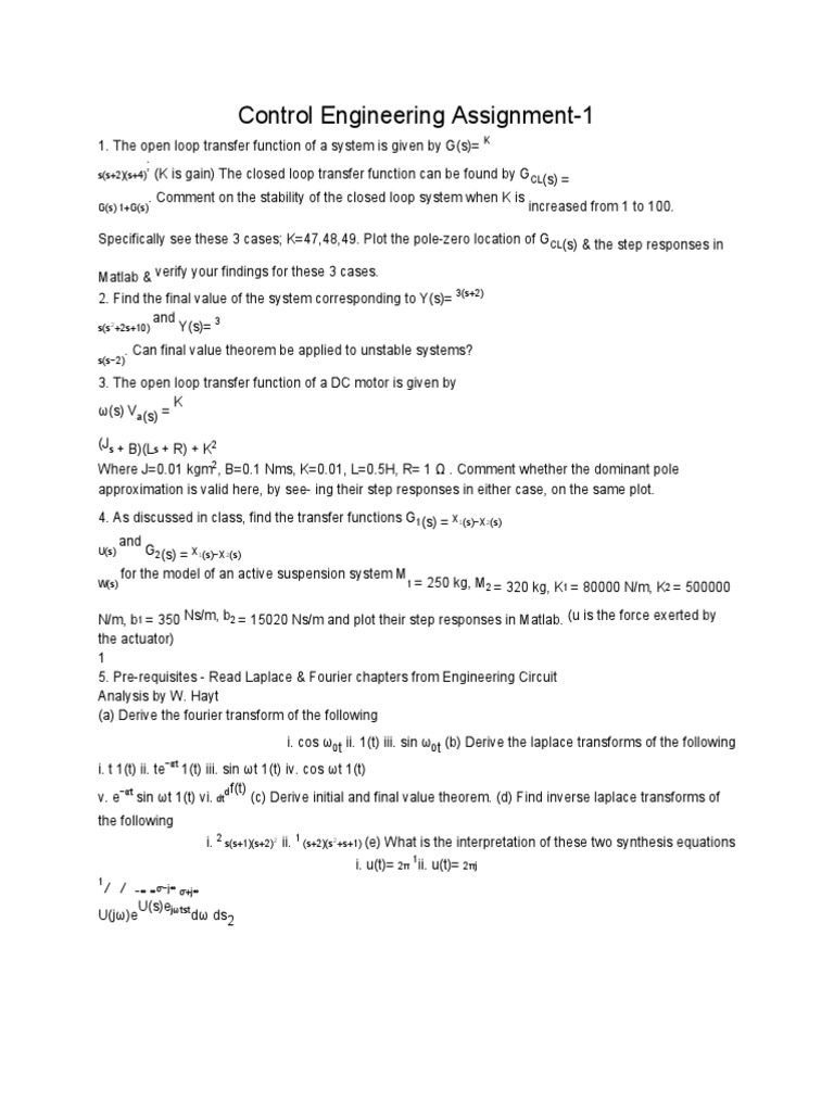Control Assignment - 1 | PDF | Control Theory | Laplace Transform