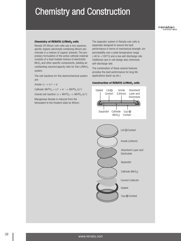 Chemistry and Construction of Renata Li/MnO2 Cells | PDF | Lithium ...
