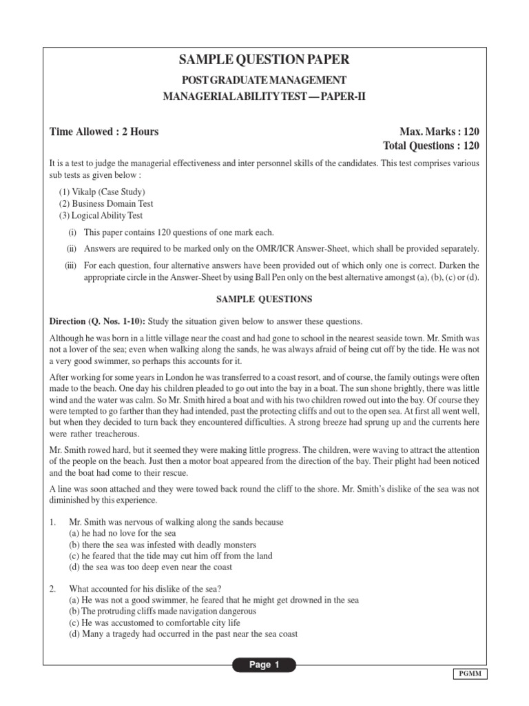 Sample Question Paper: Post Graduate Management Managerial Ability Test ...