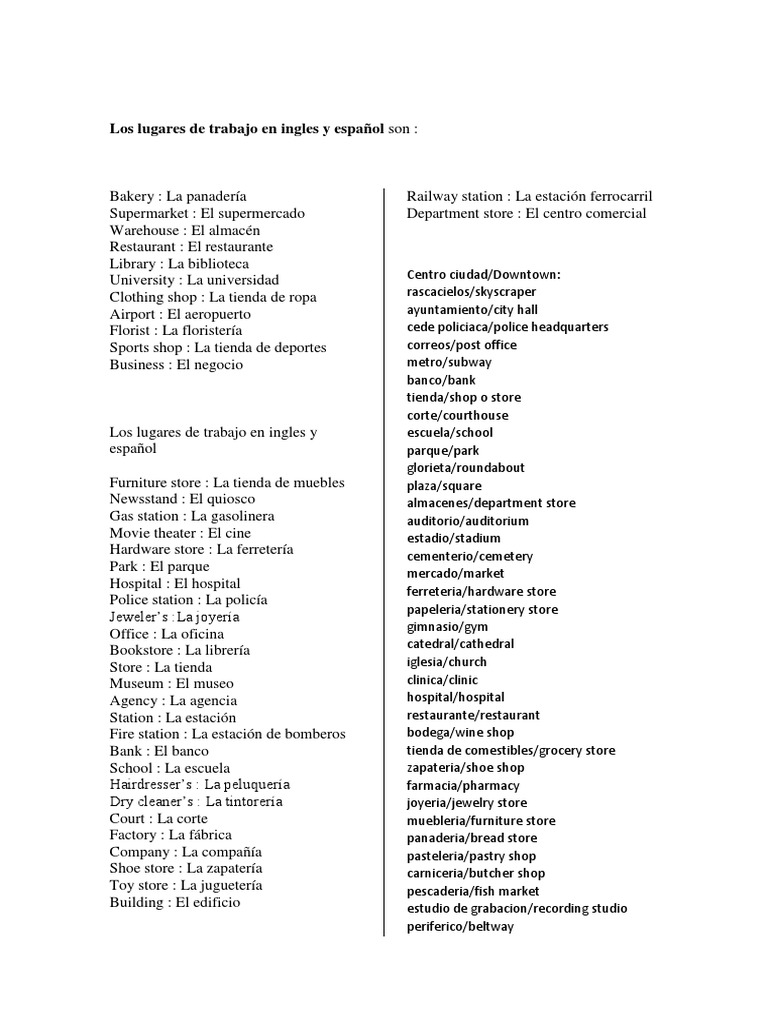 Los Lugares de Trabajo en Ingles | PDF | Atracciones turísticas ...
