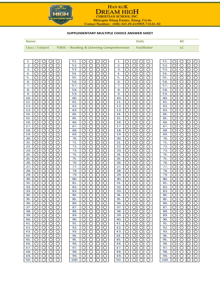 TOEIC Answer Sheet Template | PDF | Qualifications | Standardized Tests