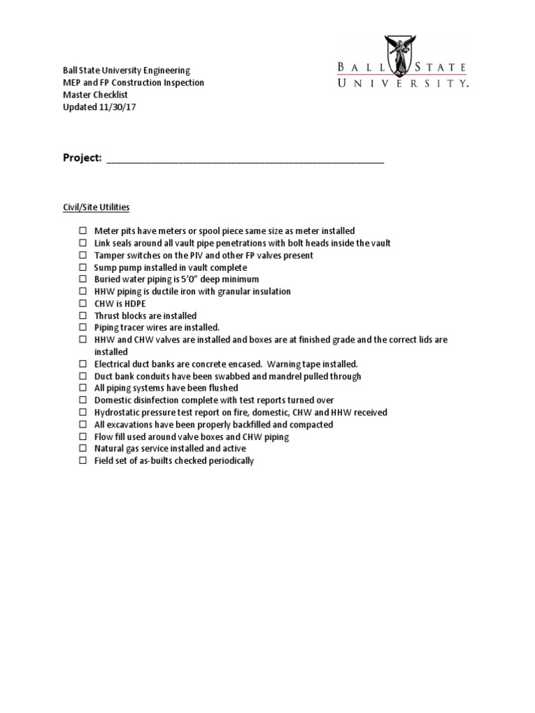MEP Construction Inspection Master Checklist | PDF | Duct (Flow) | Pipe ...