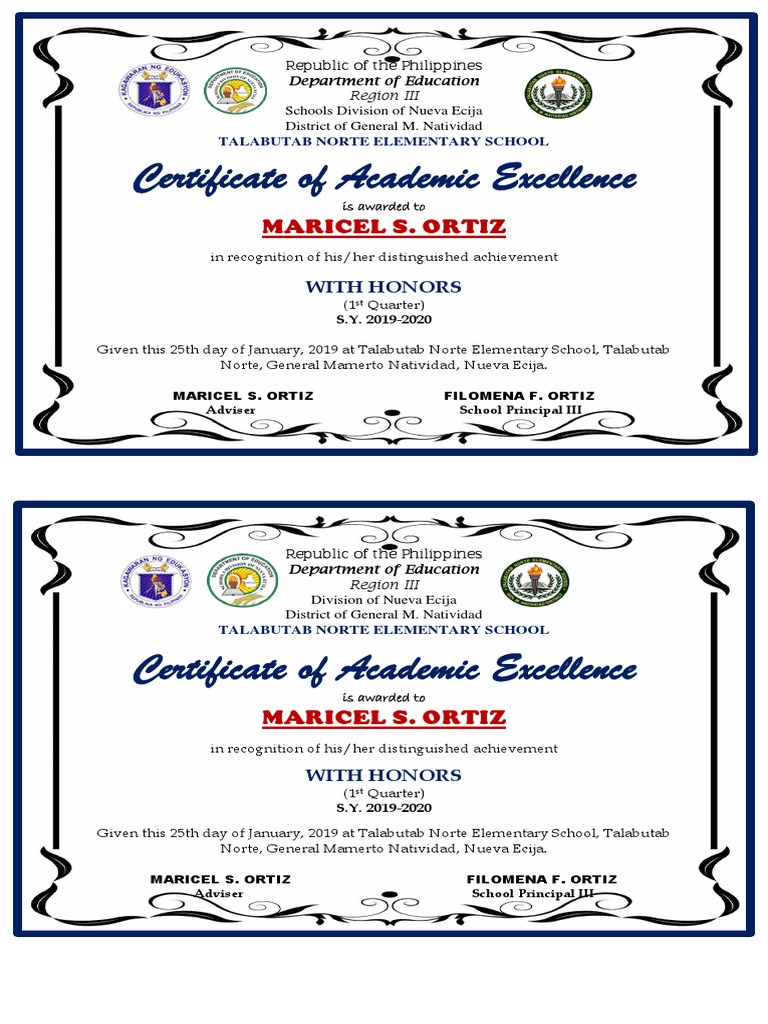 Certificate of Academic Excellencefinal | PDF | Philippines | Schools