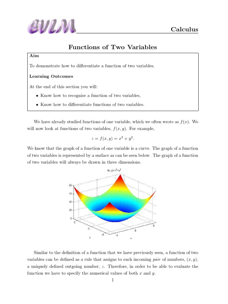 Calculus Functions of Two Variables | PDF | Derivative | Variable ...