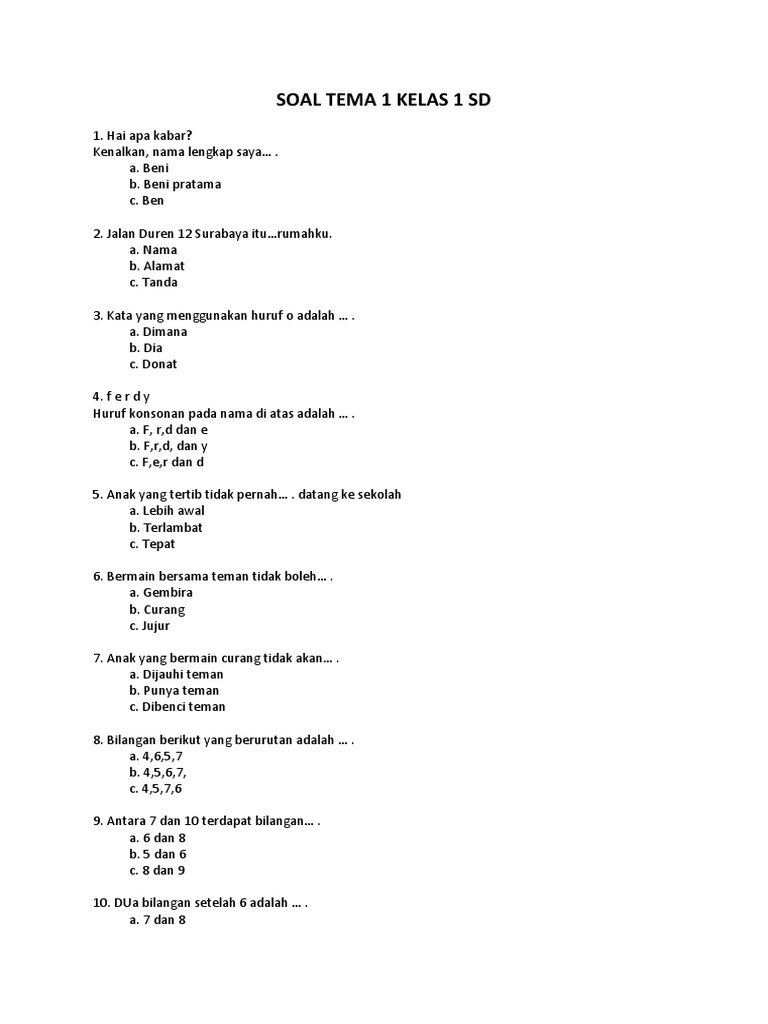 Soal Tema 1 Kelas 1 SD | PDF