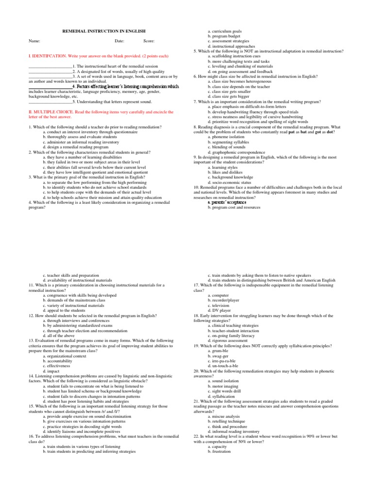 Remedial Instruction Strategies in English | PDF | Reading ...