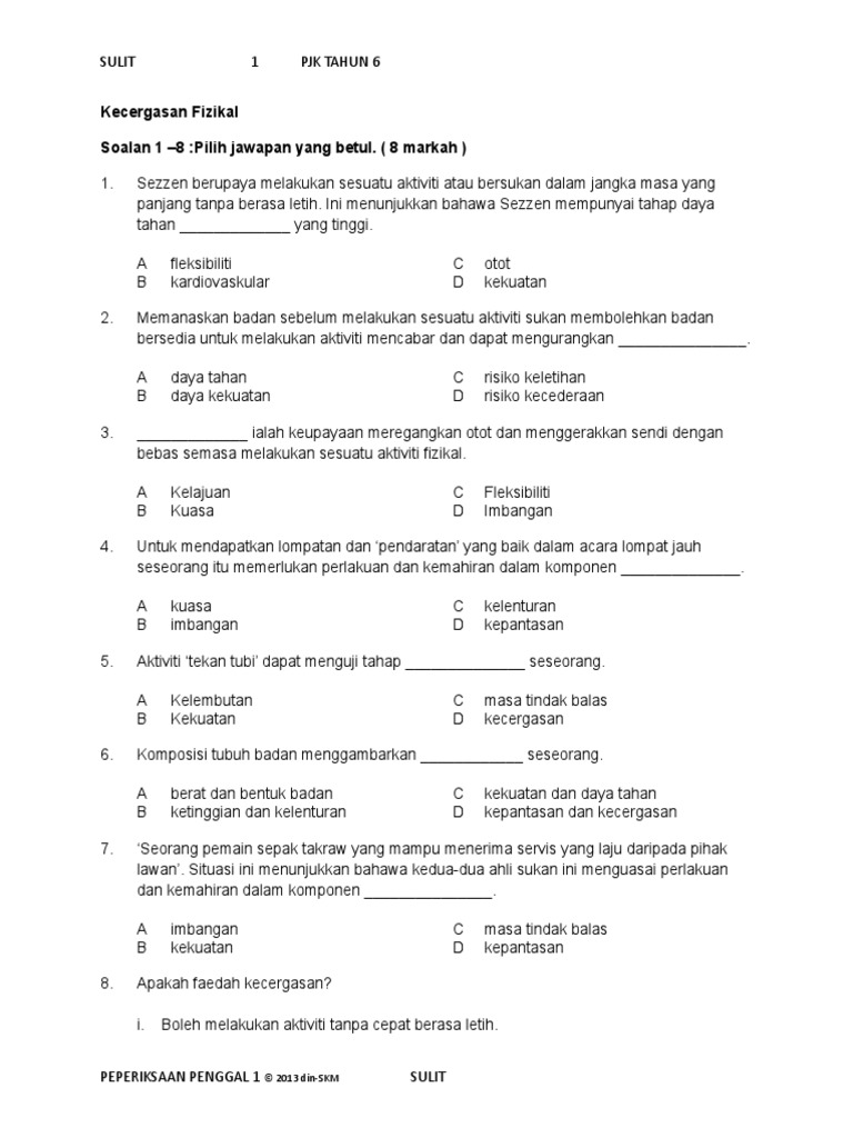 Soalan - PJK 6 | PDF
