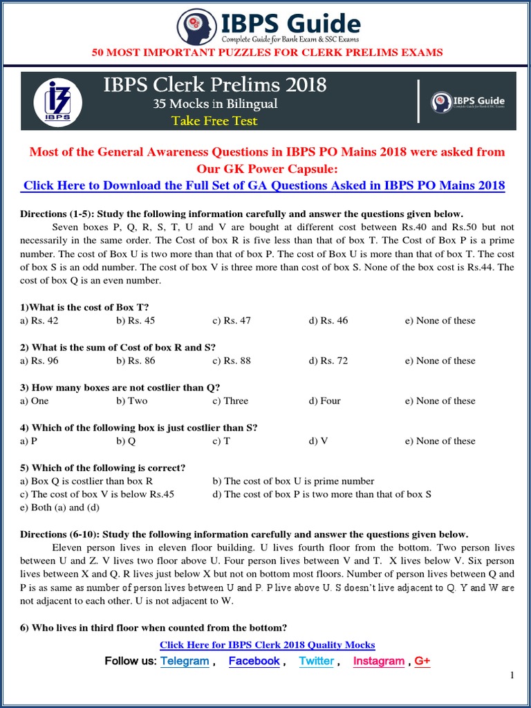 TOP 50 Reasoning Puzzle Questions For IBPS Clerk Prelims 2018-1 | PDF