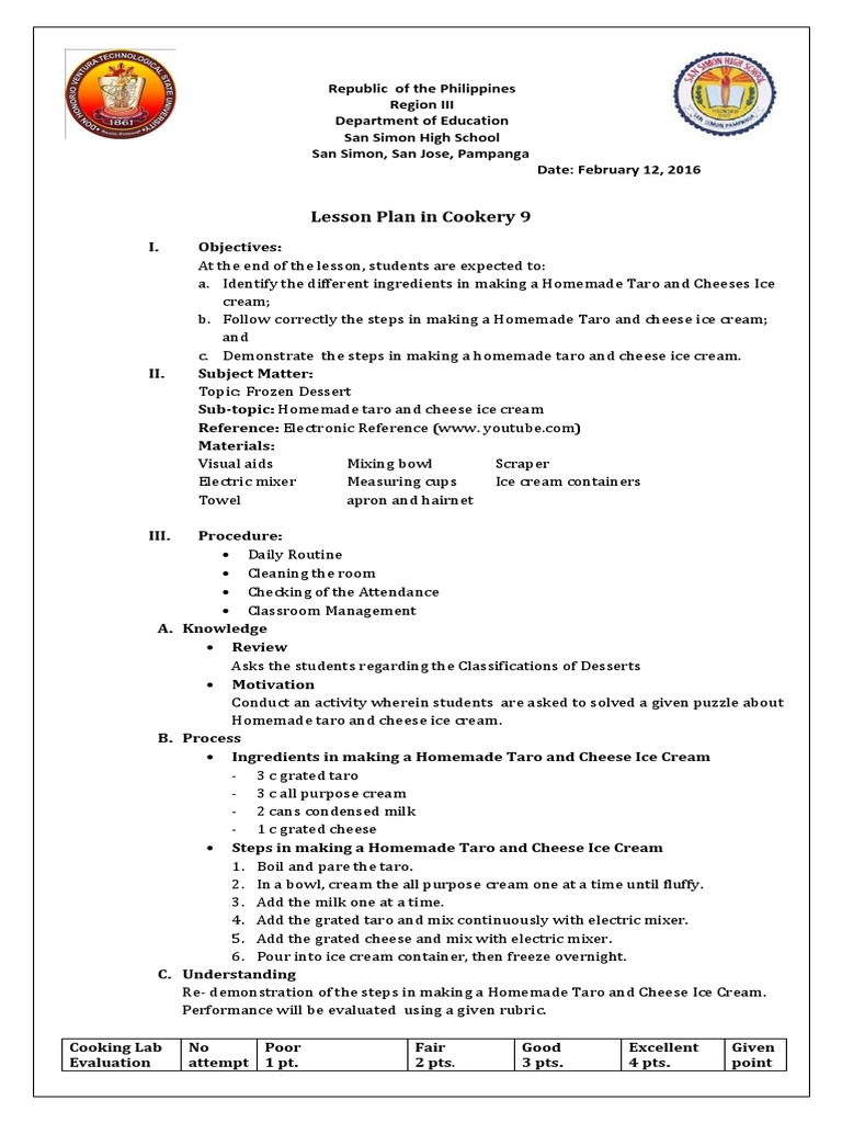 Lesson Plan in Cookery 9 | PDF | Ice Cream | Cuisine