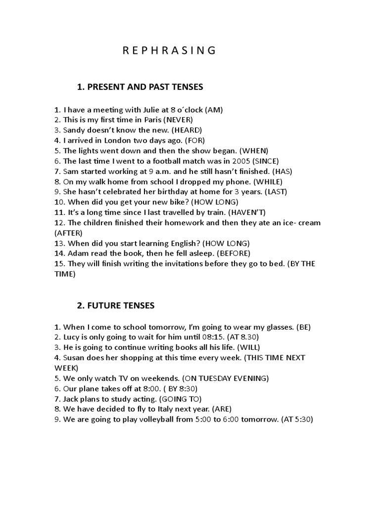 Rephrasing: 1. Present and Past Tenses | PDF