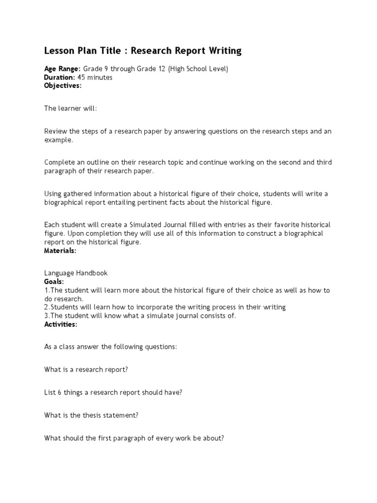 Lesson Plan in Research Report Writing | PDF