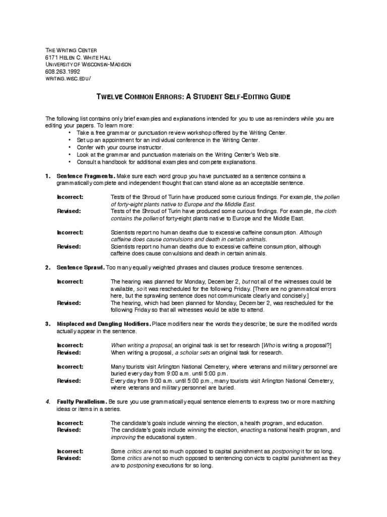 Twelve Common Errors Uwmadison Writingcenter Rev Sept2012 PDF | PDF | Pronoun | Comma