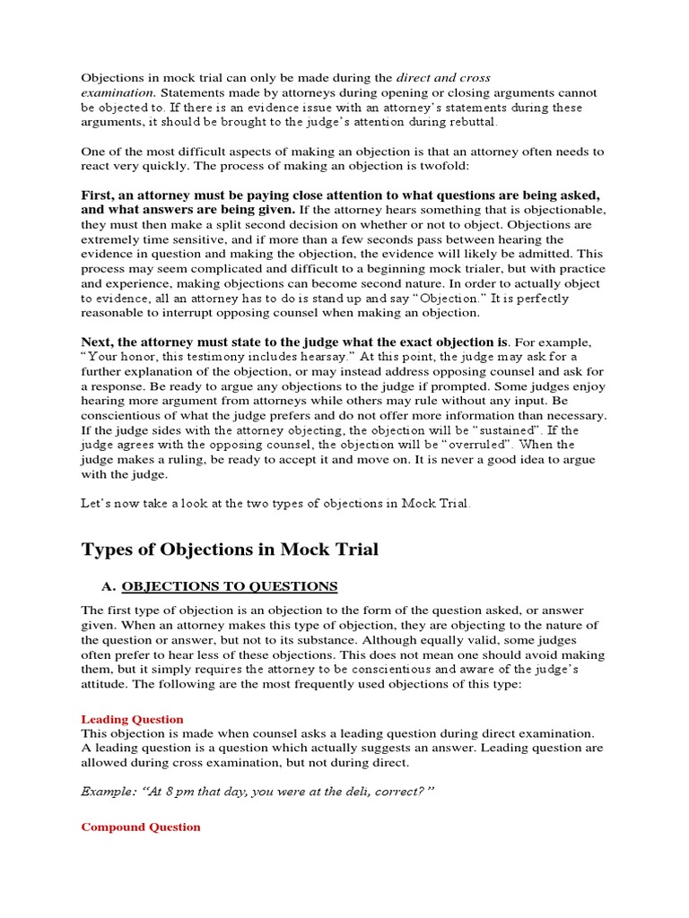 Objection Types in Mock Trial - 40 Character Title | PDF | Hearsay ...