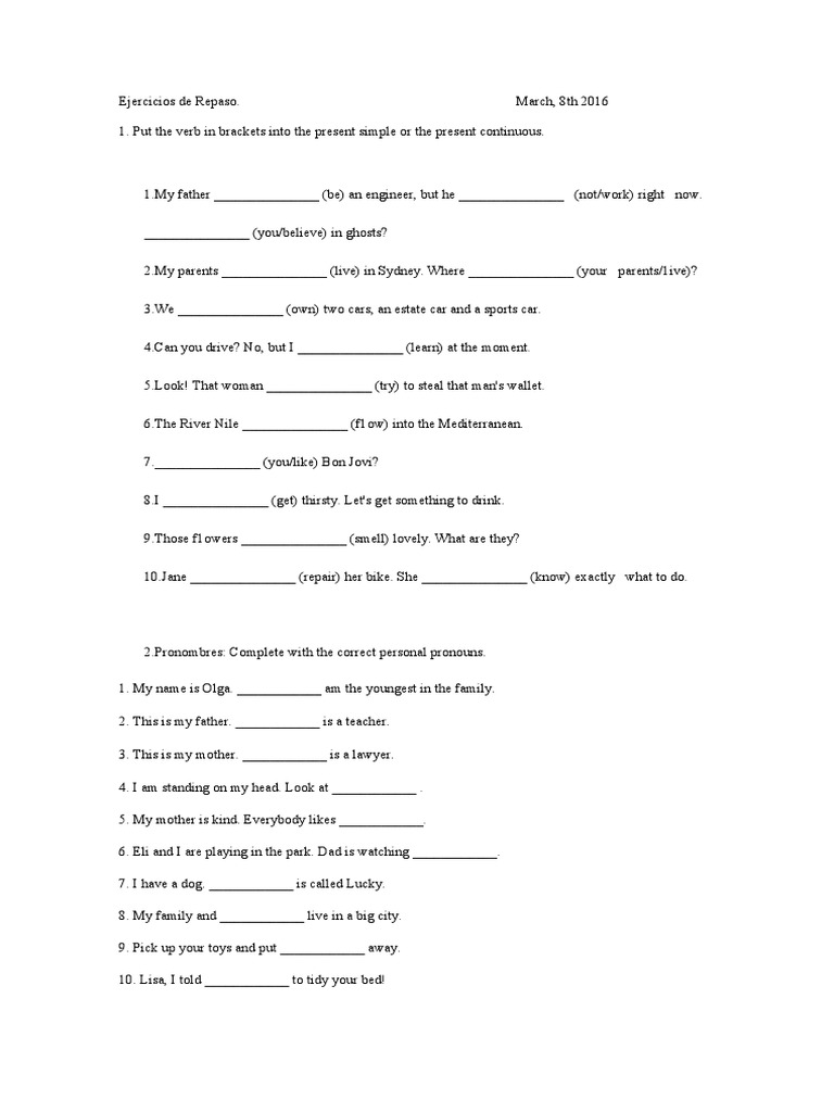 Ejercicios de repaso para verbos en presente | PDF