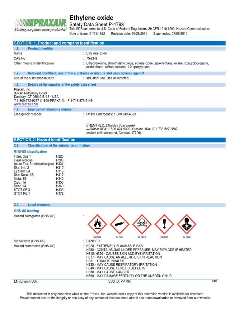 MSDS Ethylene Oxide PDF | Download Free PDF | Toxicity | Personal ...