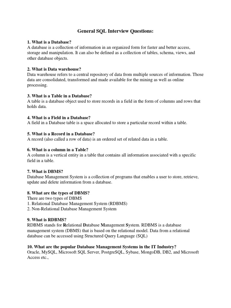 Sql Interview Questions Pdf Database Index Relational Database