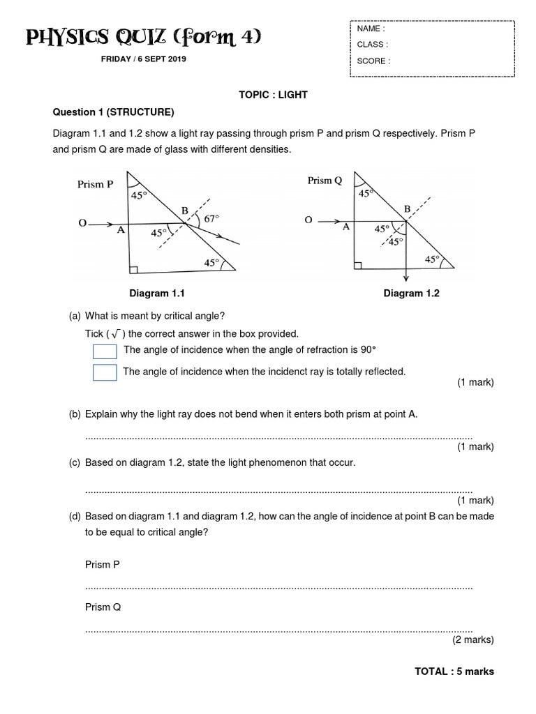 PHYSICS QUIZ (Form 4) : Topic: Light Question 1 (STRUCTURE) | PDF ...