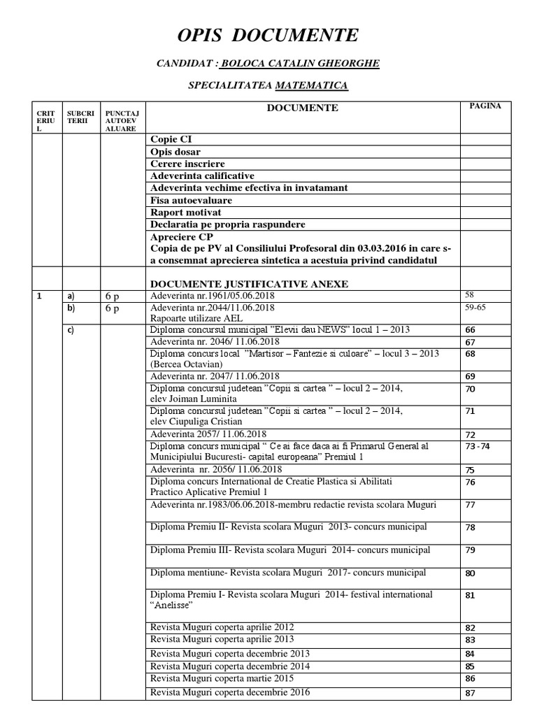 Opis Documente: Candidat: Boloca Catalin Gheorghe Specialitatea Matematica | PDF