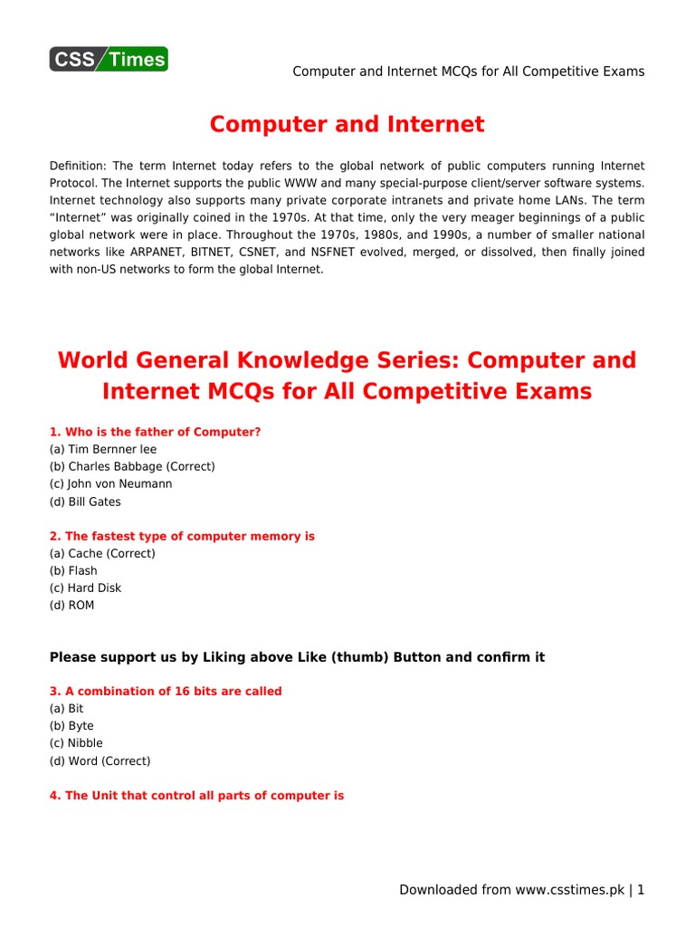 Internet Computer Mcqs Pdf Random Access Memory Computer File 6524