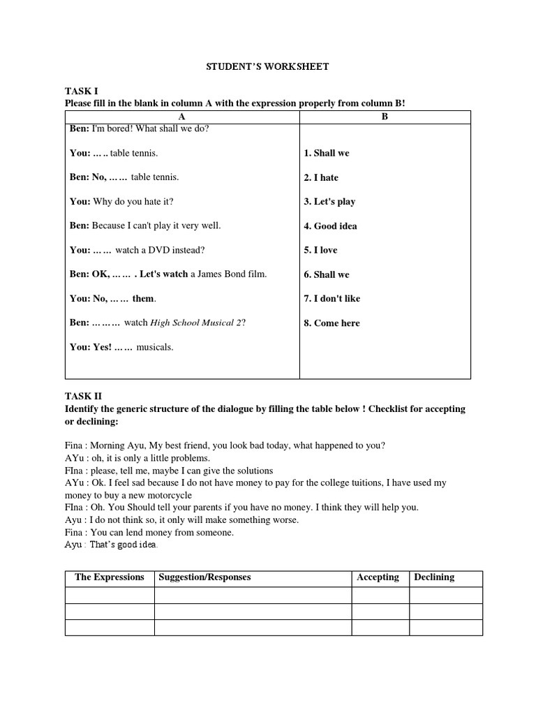 Students worksheet Suggestion and offers