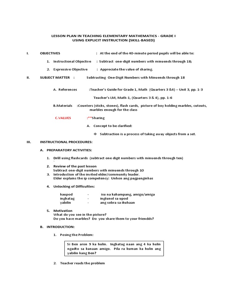 Lesson Plan in Teaching Elementary Mathematics | PDF | Subtraction ...