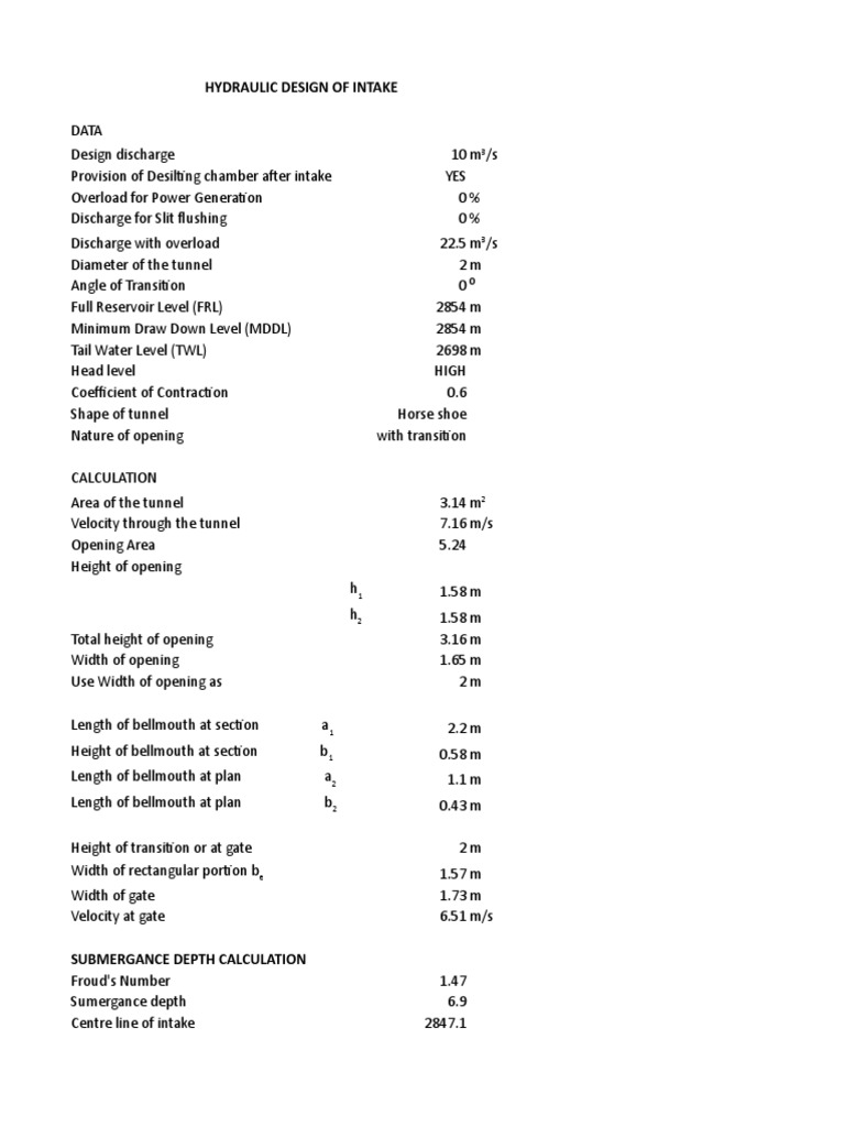 Hydraulic Design of Intake | PDF | Spillway | Chemical Engineering