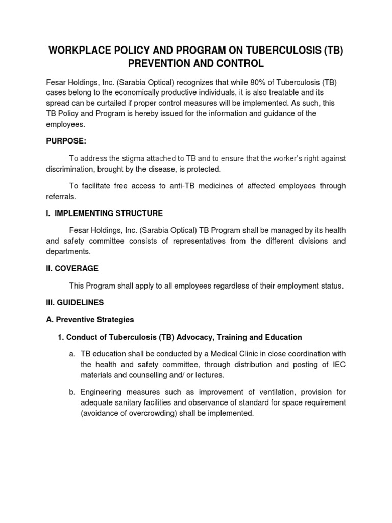 Workplace Policy and Program On Tuberculosis (TB) Prevention and ...