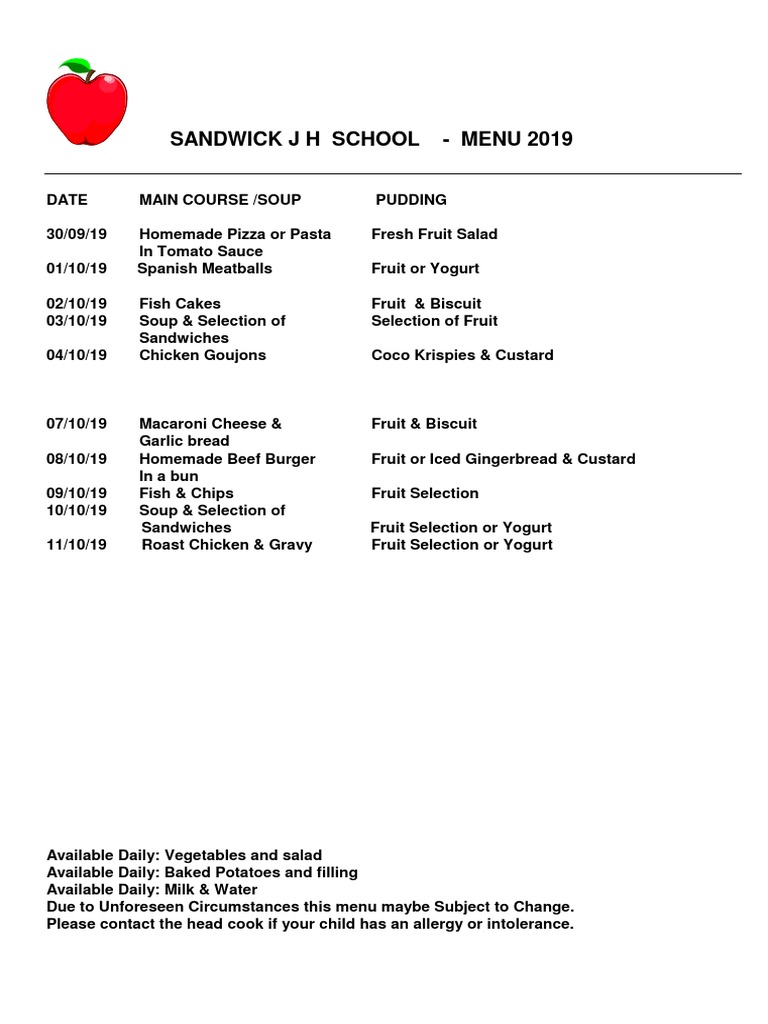 Sandwick JH School 2019 Menu | PDF
