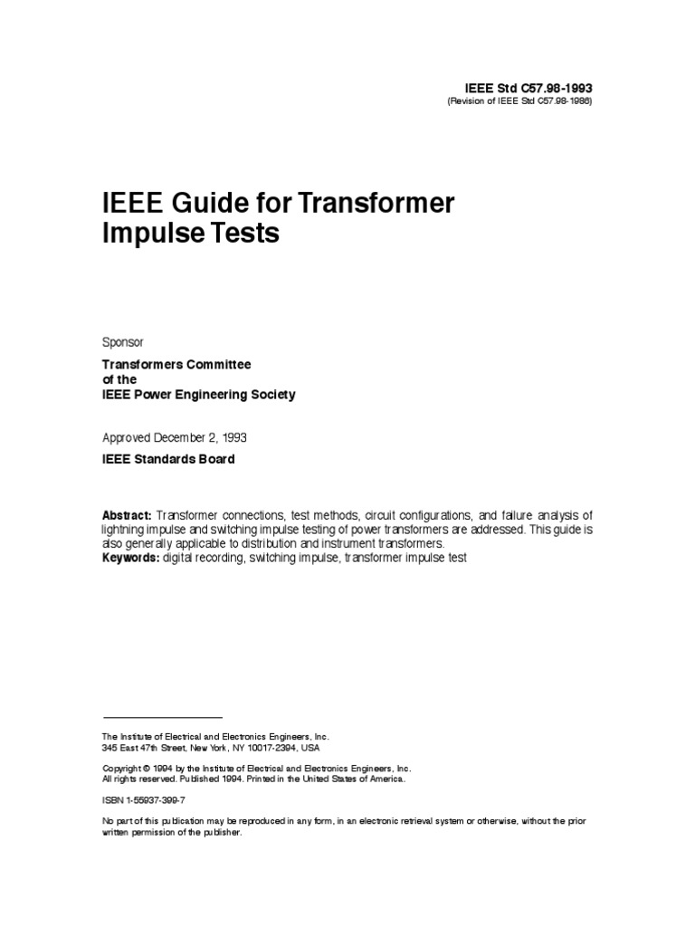 IEEE STD C57.98-1993 - IEEE Guide For Transformer Impulse Tests. | PDF ...