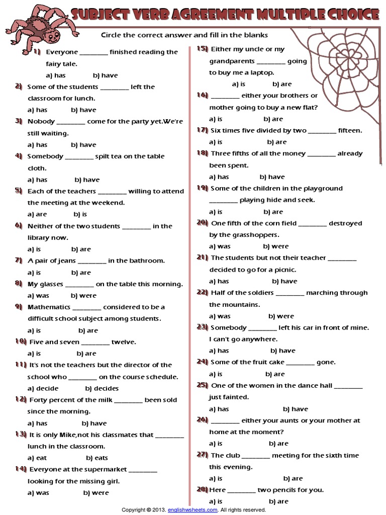 Subject Verb Agreement Multiple Choice Exercises Worksheet PDF | PDF ...