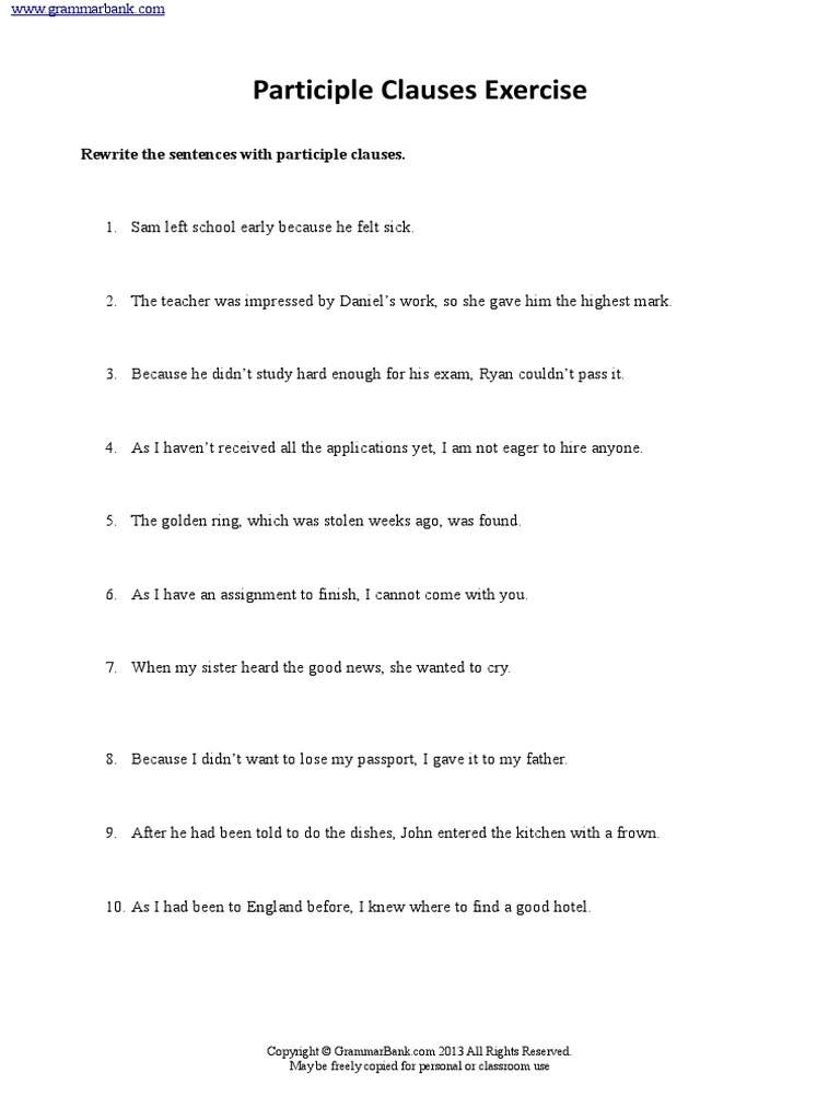 Participle Clauses Exercise PDF | PDF