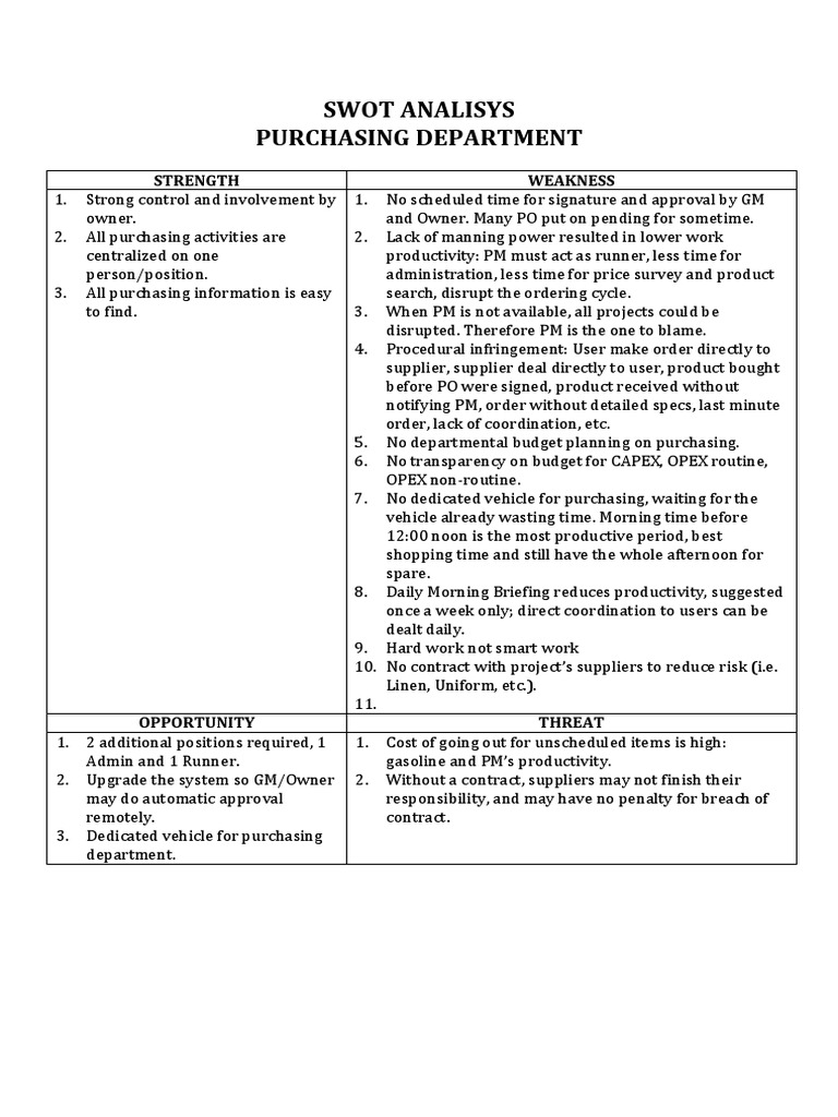 SWOT analysis identifies ways to improve purchasing department | PDF ...
