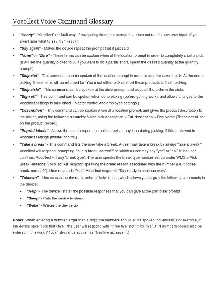Vocollect Voice Command Glossary | PDF | Computing | Areas Of Computer ...