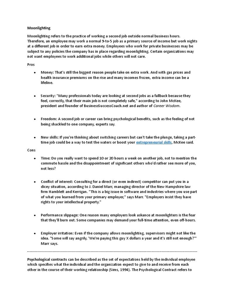 Moonlighting Guide - Pros, Cons, and Employee Engagement | PDF | Employment | Applied Psychology