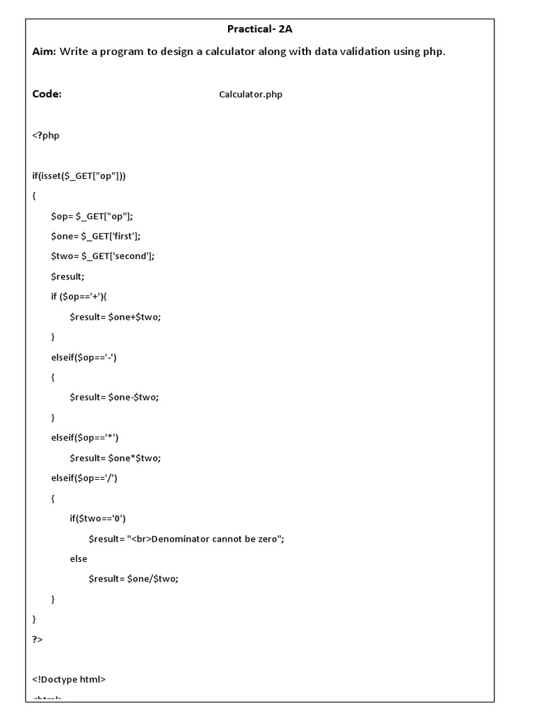 Practical 2a Aim Write A Program To Design A Calculator Along With Data Validation Using Php