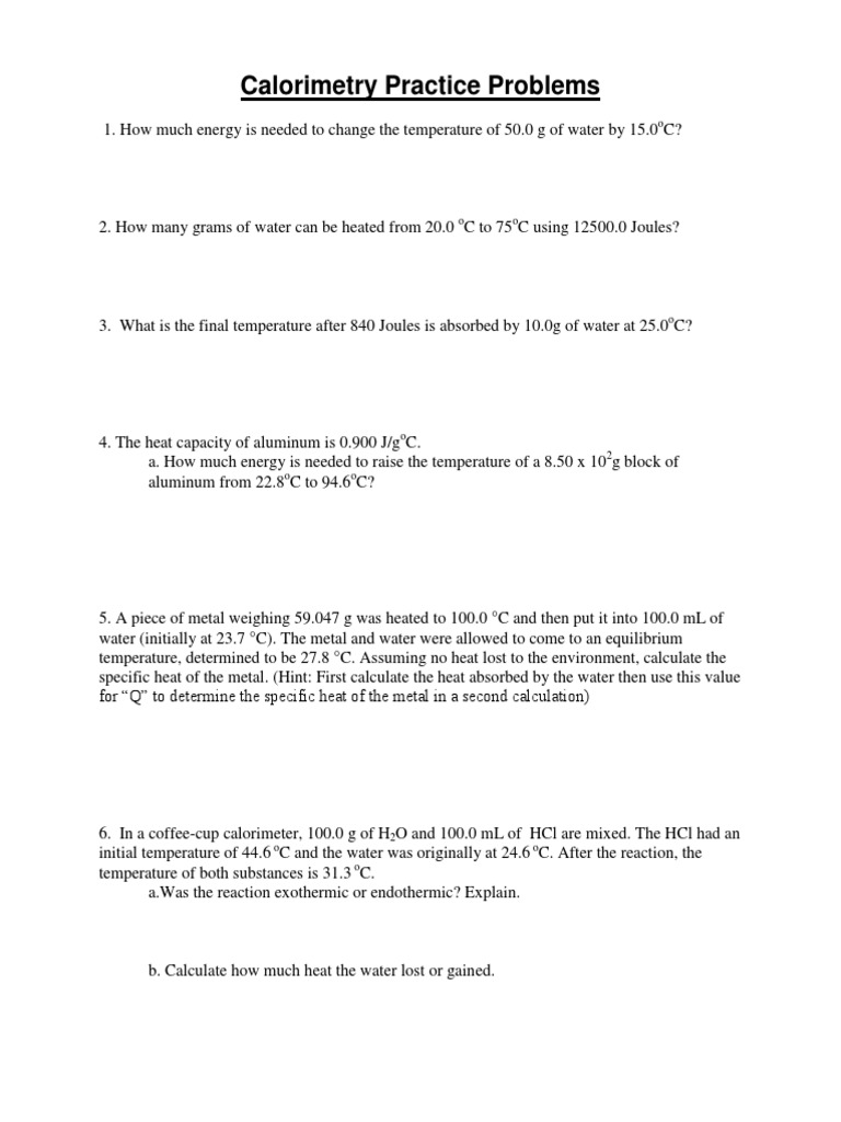 Calorimetry Practice Problems and Solutions | PDF | Heat | Properties ...