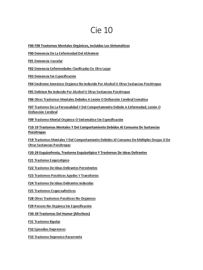 Cie 10 | PDF | Trastorno mental | Psicosis