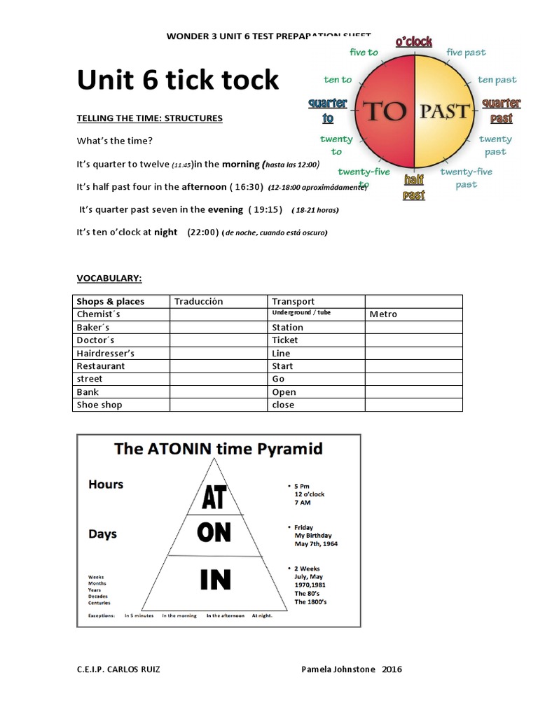 Unit 6 Tick Tock: Wonder 3 Unit 6 Test Preparation Sheet | PDF